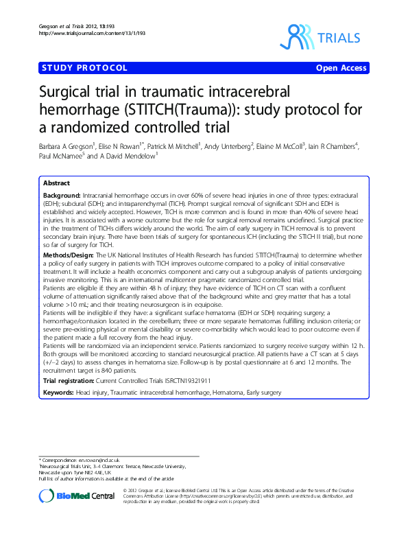 (PDF) Surgical trial in traumatic intracerebral hemorrhage (STITCH ...