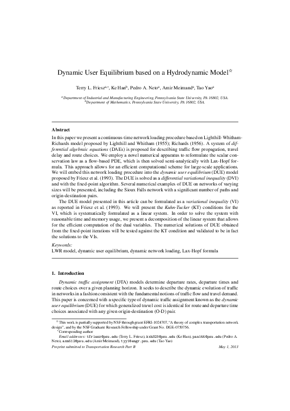 Pdf Dynamic User Equilibrium Based On A Hydrodynamic Model