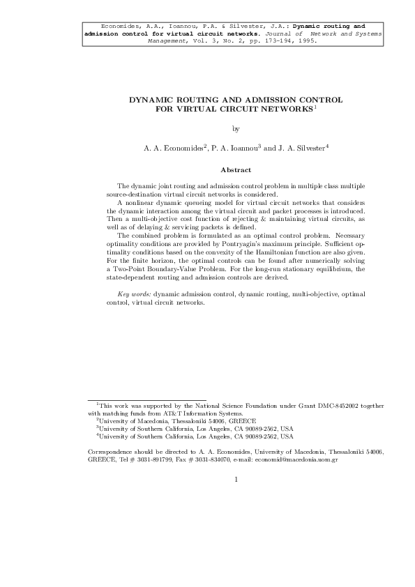 (PDF) Dynamic routing and admission control for virtual circuit networks | Petros Ioannou ...