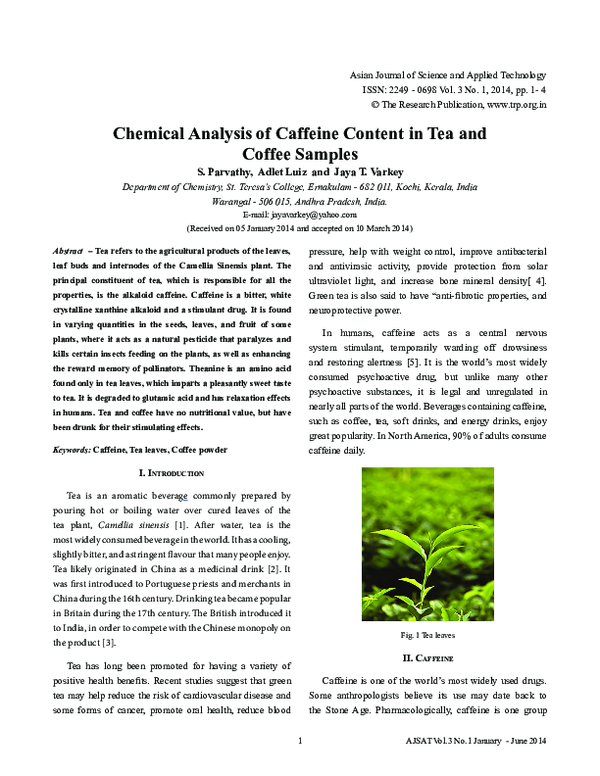 (PDF) Chemical Analysis of Caffeine Content in Tea and Coffee Samples