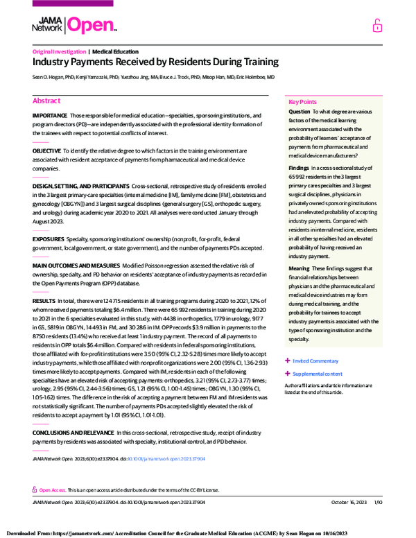 (PDF) Industry Payments Received by Residents During Training
