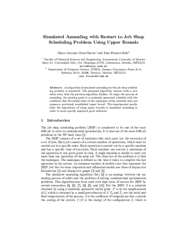 (PDF) Simulated Annealing with Restart to Job Shop Scheduling Problem Using Upper Bounds | JUAN ...