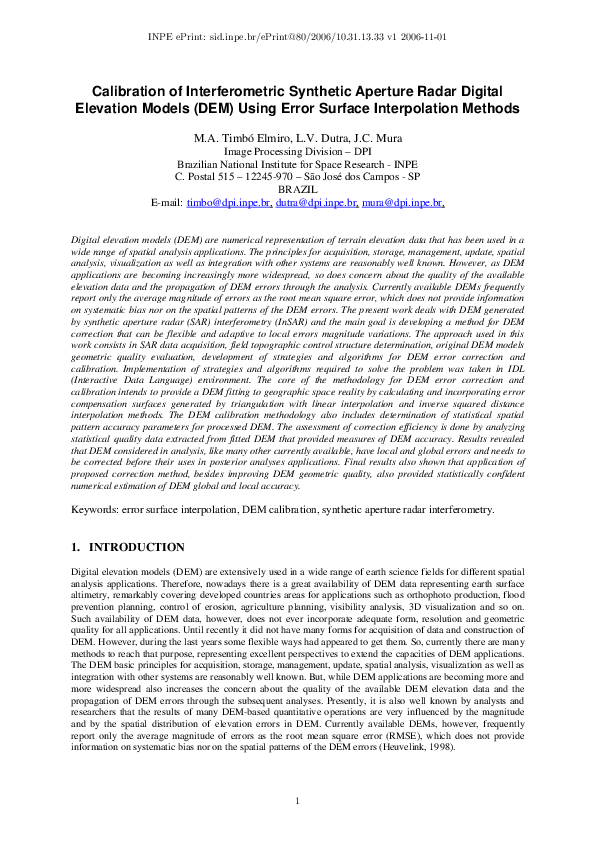 Pdf Calibration Of Interferometric Synthetic Aperture Radar Digital