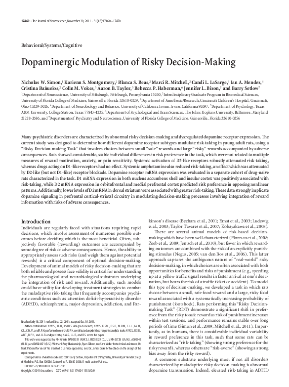 (PDF) Dopaminergic Modulation of Risky Decision-Making | Ian Mendez - Academia.edu