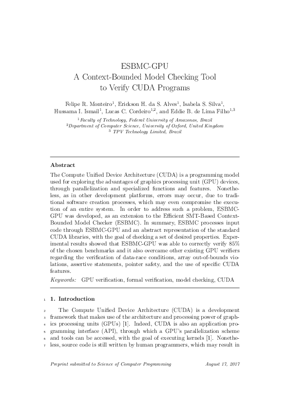 Pdf Esbmc Gpu A Context Bounded Model Checking Tool To Verify Cuda