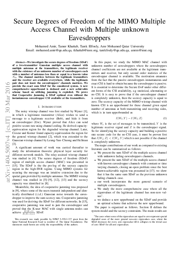 (PDF) On the degrees of freedom of MIMO Multiple access channel with multiple eavesdroppers
