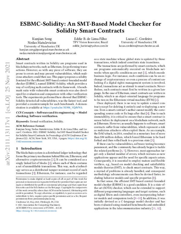Pdf Esbmc Solidity An Smt Based Model Checker For Solidity Smart Contracts