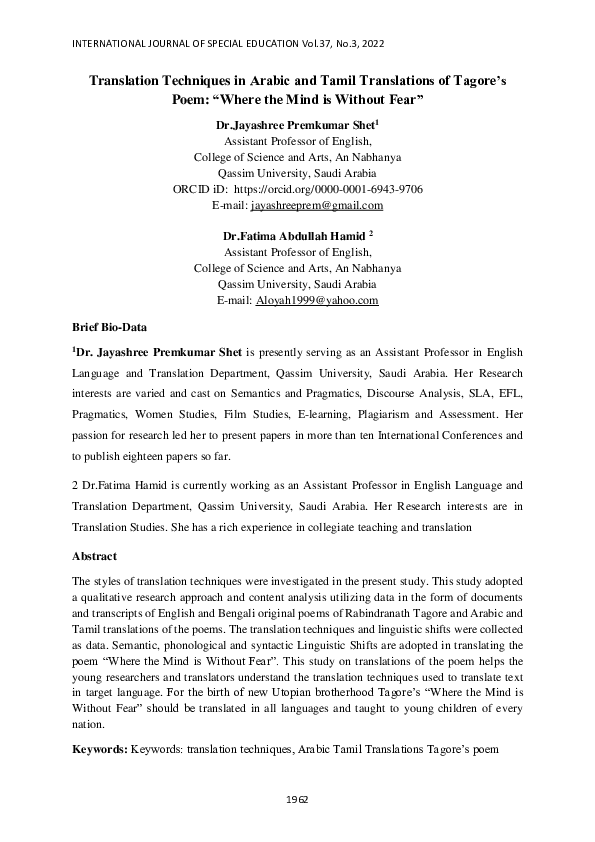 (PDF) Translation Techniques in Arabic and Tamil Translations of Tagore ...