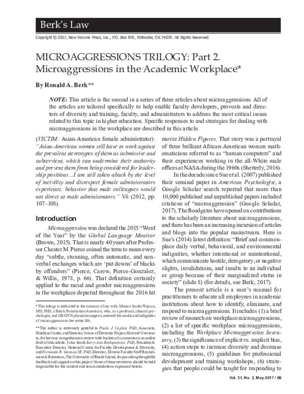 (PDF) Microaggressions Trilogy: Part 2. Microaggressions in the Academic Workplace