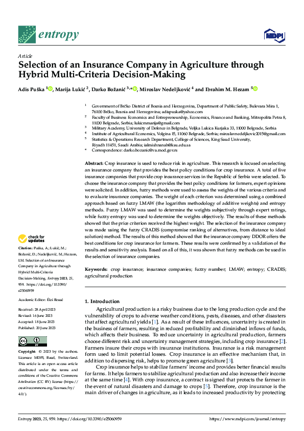 (PDF) Selection of an Insurance Company in Agriculture through Hybrid ...