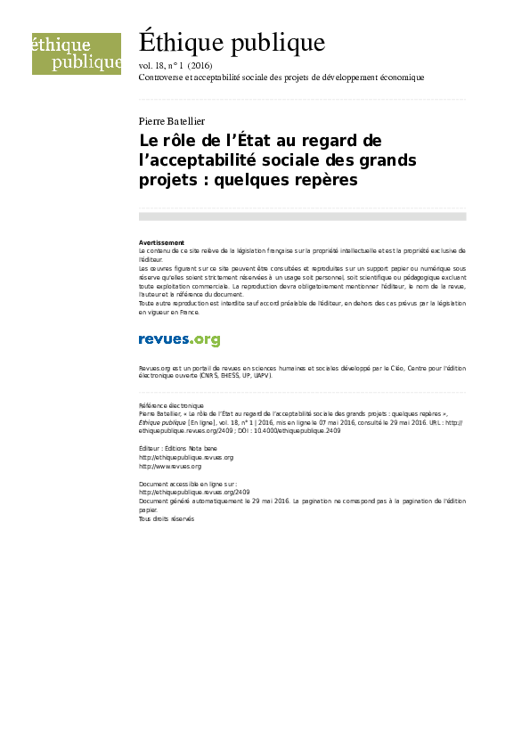 (PDF) Le rôle de l’État au regard de l’acceptabilité sociale des grands ...