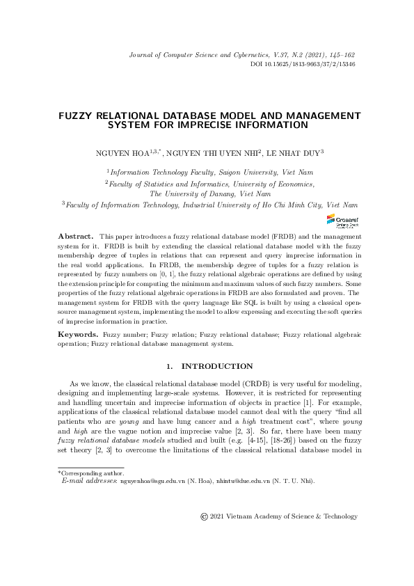 Pdf Fuzzy Relational Database Model And Managemant System For Imprecise Information