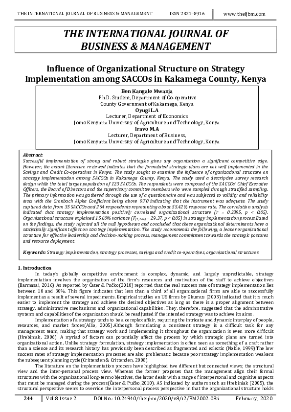 (PDF) Influence of Organizational Structure on Strategy Implementation ...