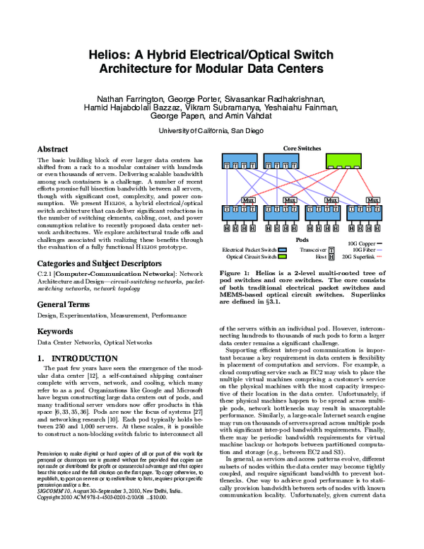 (PDF) Helios: A Hybrid Electrical/Optical Switch Architecture for ...