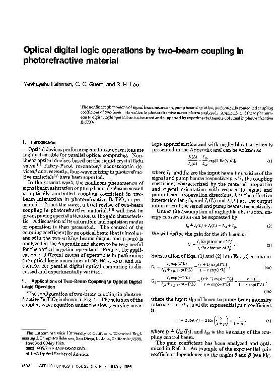 (PDF) Two-beam Coupling in Photorefractive Materials for Logic Operations