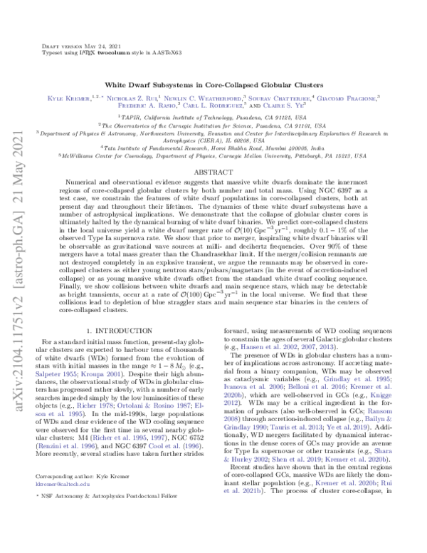 (PDF) White Dwarf Subsystems in Core-Collapsed Globular Clusters