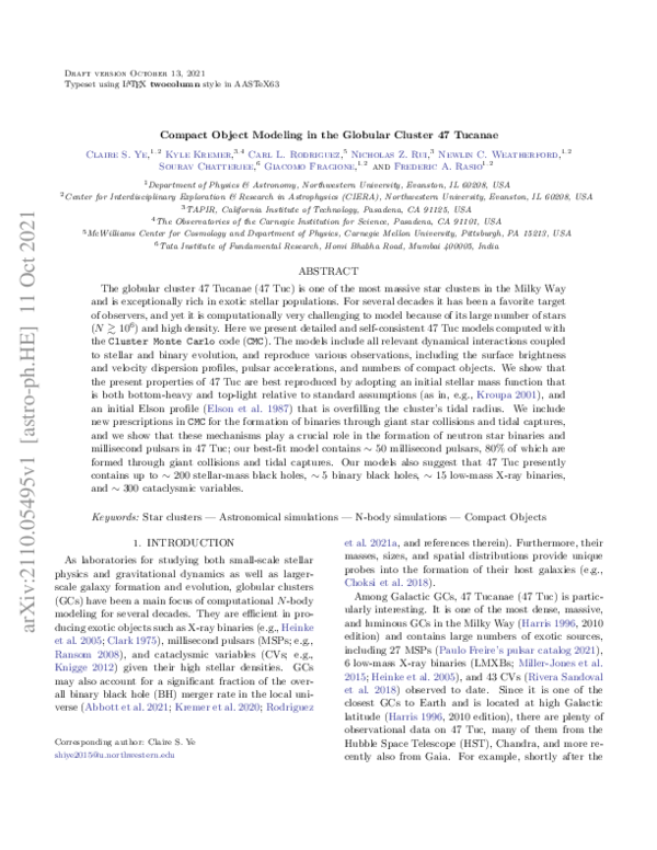 (PDF) Compact Object Modeling in the Globular Cluster 47 Tucanae