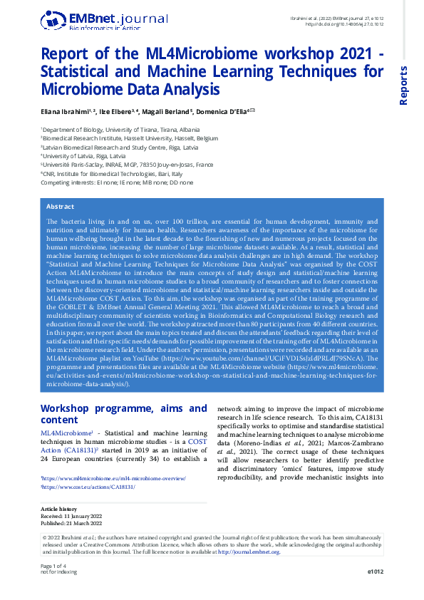 (PDF) Report of the ML4Microbiome workshop 2021 - Statistical and Machine Learning Techniques ...
