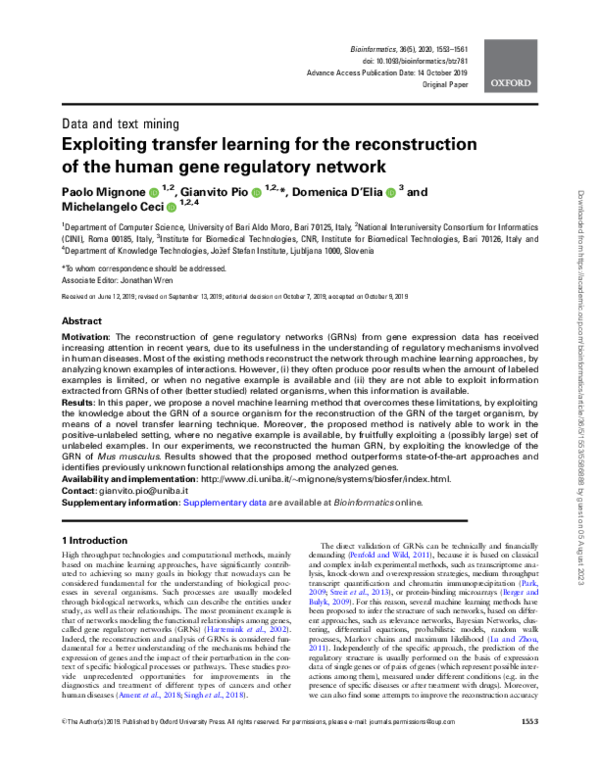 (PDF) Exploiting transfer learning for the reconstruction of the human gene regulatory network