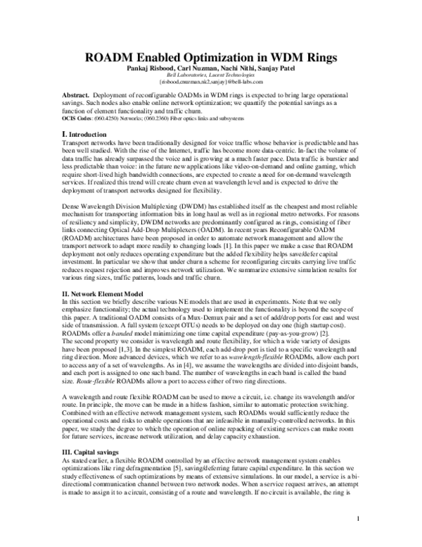 (PDF) ROADM enabled optimization in WDM rings