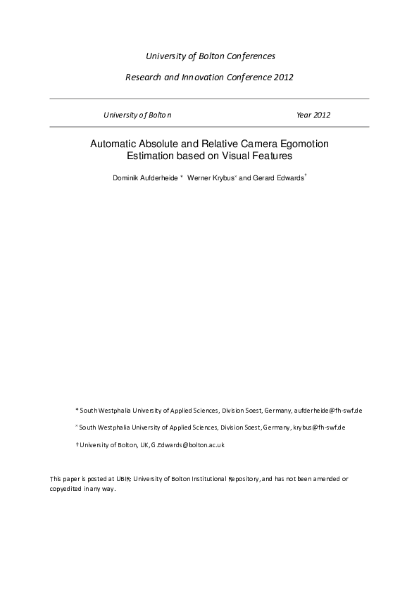 Pdf Automatic Absolute And Relative Camera Egomotion Estimation Based On Visual Features