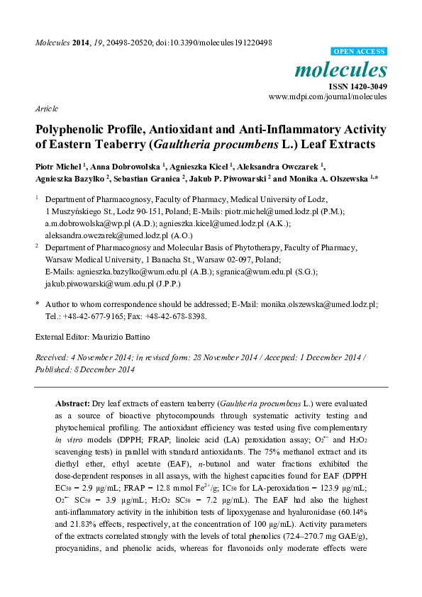 (PDF) Article Polyphenolic Profile, Antioxidant and Anti-Inflammatory ...