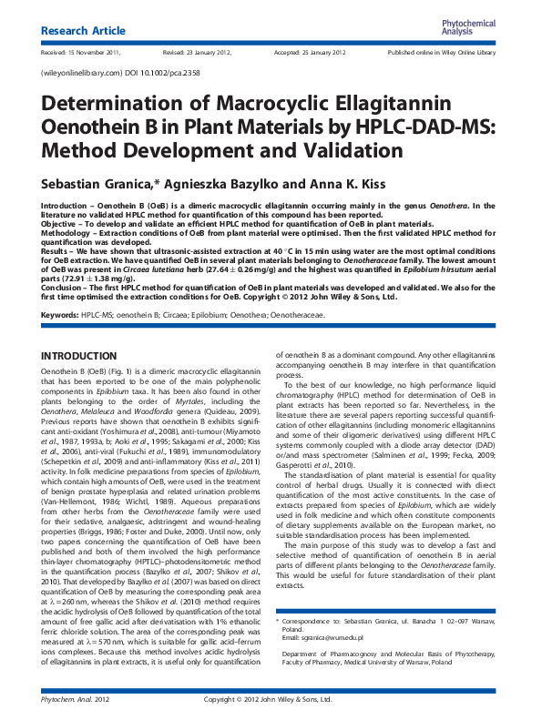 (PDF) Determination of Macrocyclic Ellagitannin Oenothein B in Plant Materials by HPLC-DAD-MS ...