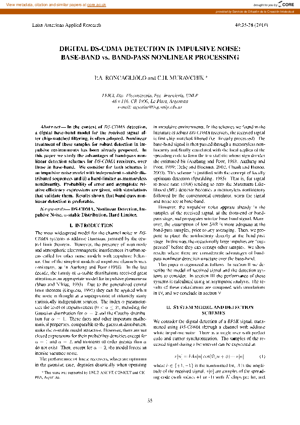 (PDF) Digital DS-CDMA detection in impulsive noise: base band vs. band ...