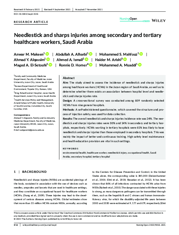 (PDF) Needlestick and sharps injuries among secondary and tertiary healthcare workers, Saudi Arabia