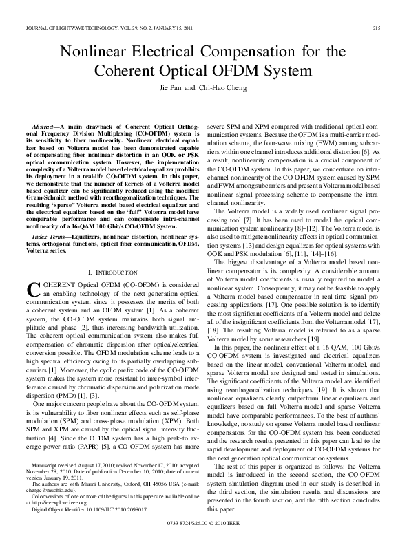Pdf Nonlinear Electrical Compensation For The Coherent Optical Ofdm