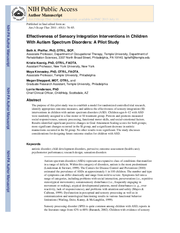 (PDF) Effectiveness of Sensory Integration Interventions in Children With Autism Spectrum ...