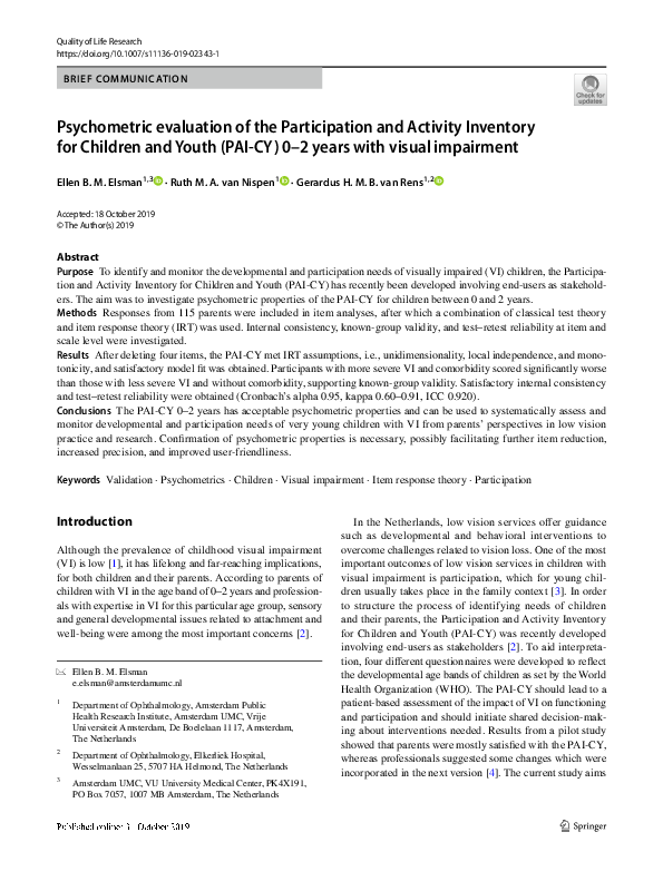 (PDF) Psychometric Evaluation of the Participation and Sensory ...