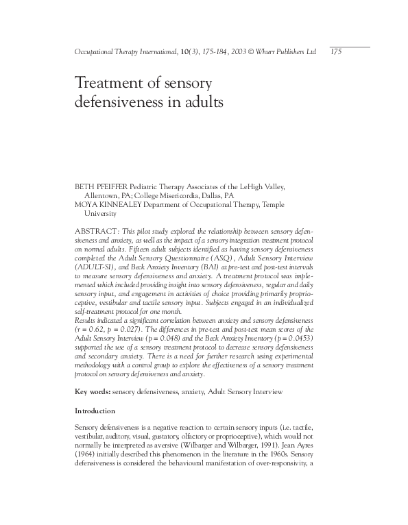 (PDF) Treatment of sensory defensiveness in adults