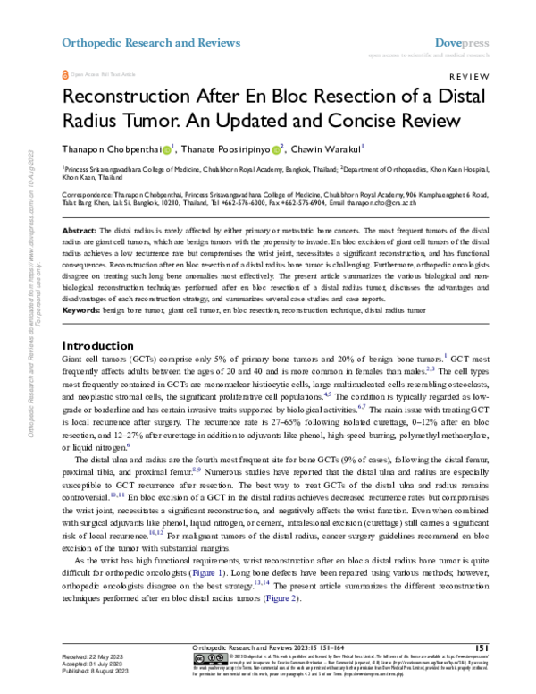 (PDF) Reconstruction After En Bloc Resection of a Distal Radius Tumor. An Updated and Concise Review