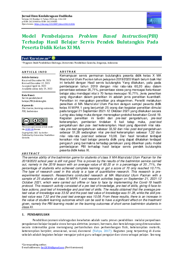 (PDF) Model Pembelajaran Problem Based Instruction(PBI) Terhadap Hasil Belajar Servis Pendek ...