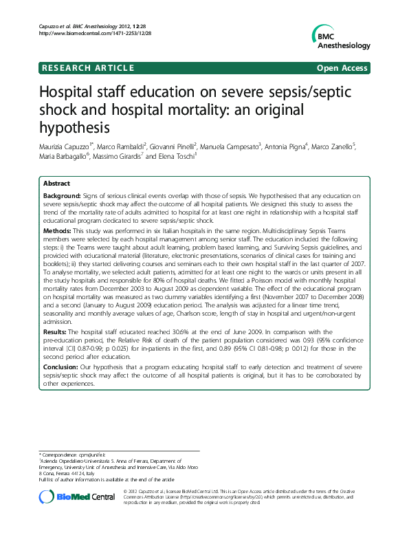 (PDF) Hospital staff education on severe sepsis/septic shock and hospital mortality: an original ...