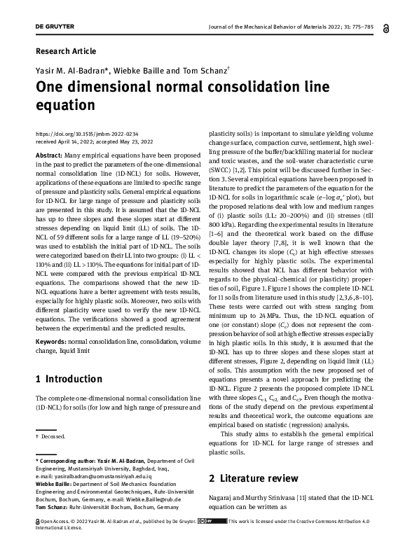 (PDF) One dimensional normal consolidation line equation
