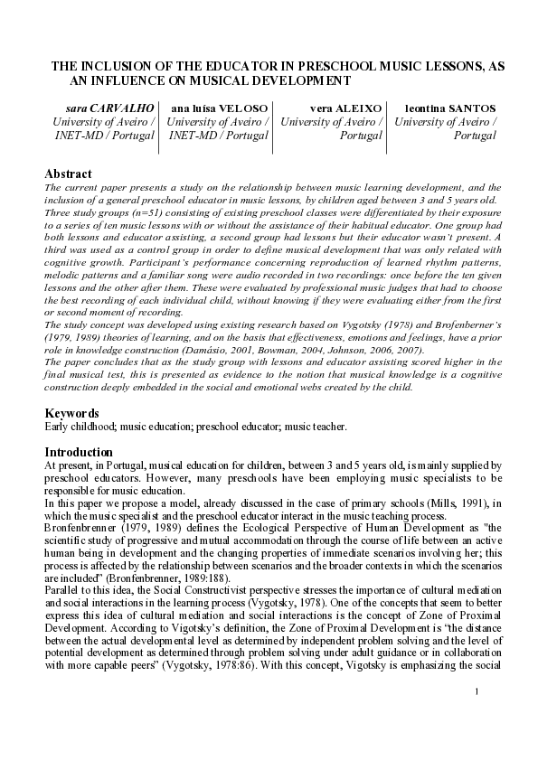 (PDF) The inclusion of the educator in preschool music lessons, as an ...