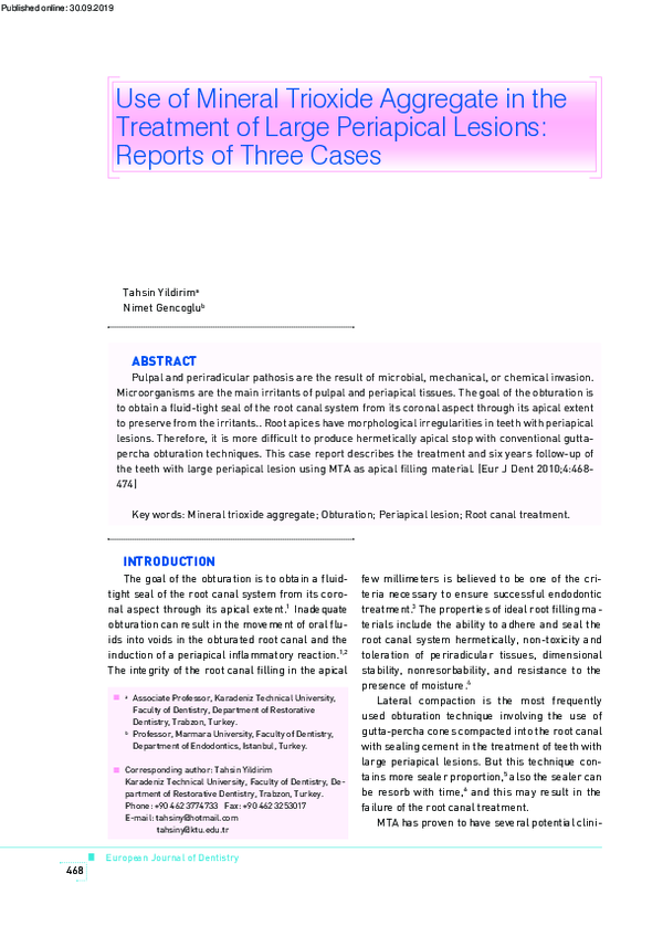 (PDF) Use of Mineral Trioxide Aggregate in the Treatment of Large ...