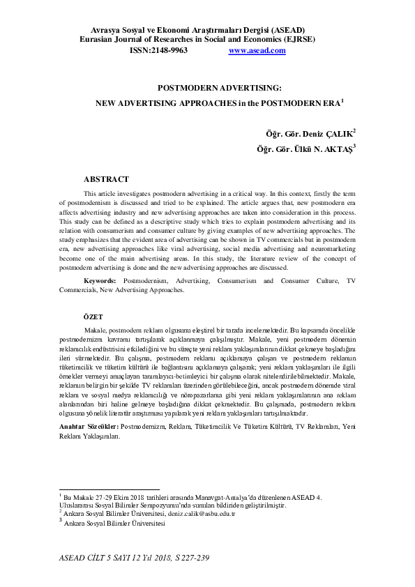 (PDF) POSTMODERN ADVERTISING: NEW ADVERTISING APPROACHES in the ...