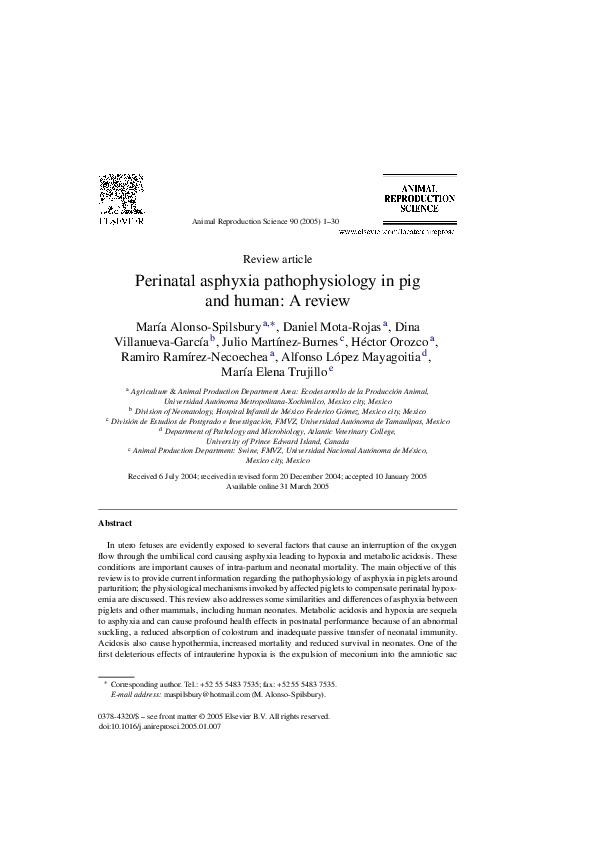 (PDF) Perinatal asphyxia pathophysiology in pig and human: A review