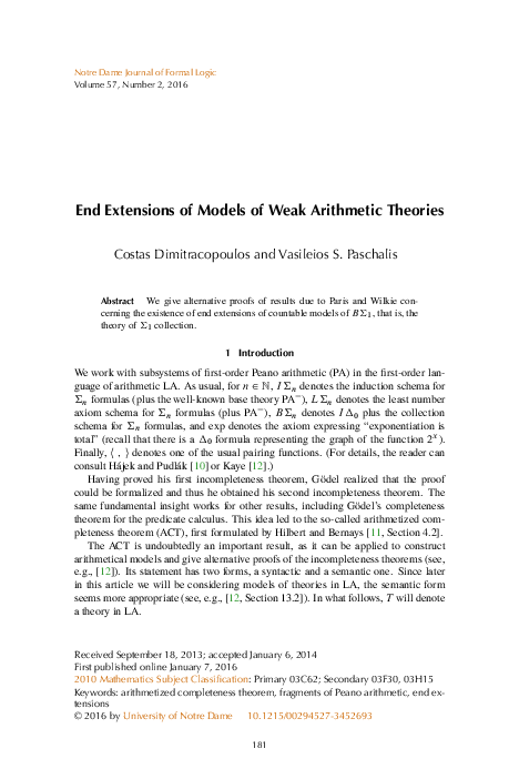 (PDF) End Extensions of Models of Weak Arithmetic Theories | Costas ...