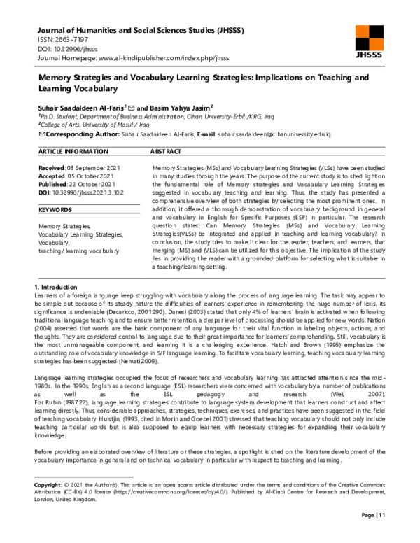 (PDF) Memory Strategies and Vocabulary Learning Strategies: Implications on Teaching and ...