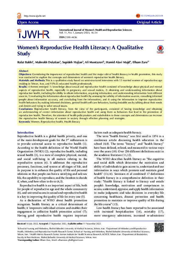 (PDF) Women’s Reproductive Health Literacy: A Qualitative Study
