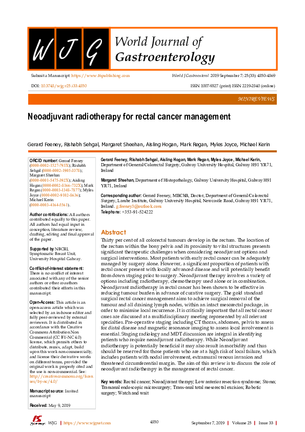 (PDF) Neoadjuvant radiotherapy for rectal cancer management