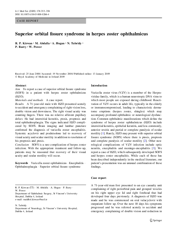 (PDF) Superior orbital fissure syndrome in herpes zoster ophthalmicus