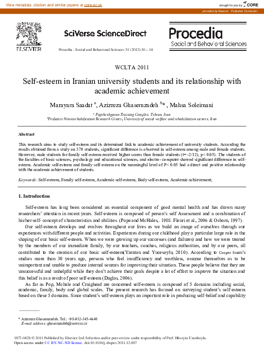 (PDF) Self-esteem in Iranian university students and its relationship with academic achievement