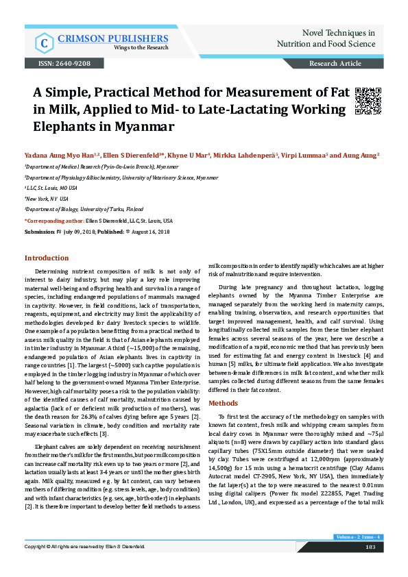 (PDF) A Simple, Practical Method for Measurement of Fat in Milk, Applied to Mid- to Late ...