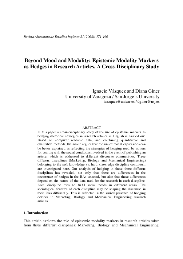 (PDF) Beyond mood and modality: epistemic modality markers as hedges in ...