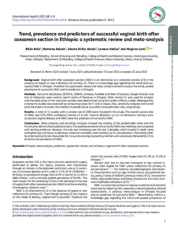 (PDF) Trend, prevalence and predictors of successful vaginal birth after caesarean section in ...